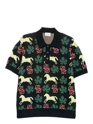 Drole De Monsieur Horse-print Jacquard-knit Polo Shirt - Black