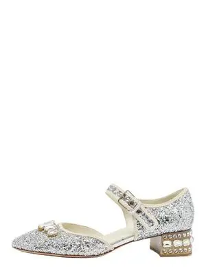 Miu Miu Crystal-embellished Glitter Mary Jane Pumps - Silver