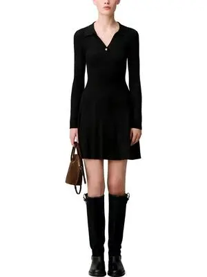 Claudie Pierlot Fine-knit Ribbed Dress With Jewelled Button - Black