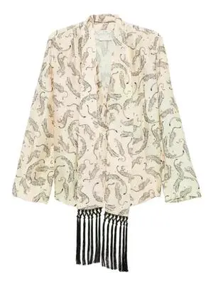 FORTE_FORTE Leopard Print Fringed Scarf Shirt - Neutrals