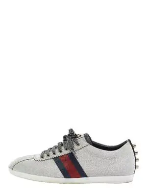 Gucci Glittered Web Stripe Studded Sneakers - Silver