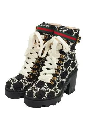 Gucci Gg Logo Tweed Combat Boots - Black