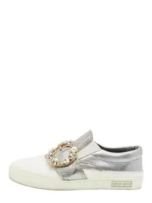 Miu Miu Crystal-embellished Metallic Leather Slip-on Sneakers - Silver