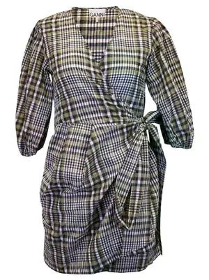 GANNI Plaid Cotton Wrap Dress - Brown