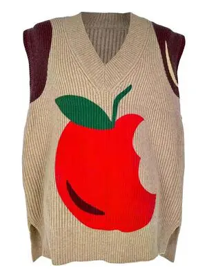 JW Anderson Ribbed Knit Apple Print V-neck Sweater Vest - Neutrals