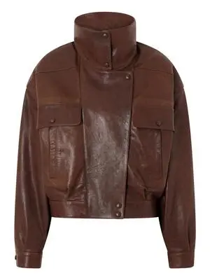 Saint Laurent Cropped Leather Jacket With High Collar - Brown