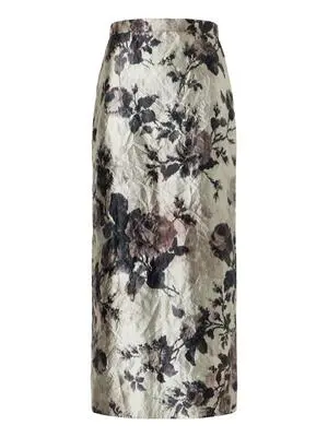 Erdem Floral-print Crinkle Satin Midi Skirt - Gray
