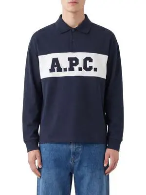 A.p.c. Long-sleeved Cotton Polo Shirt With Contrast Logo Navy