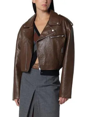 THE FRANKIE SHOP Cropped Faux Leather Biker Jacket - Brown