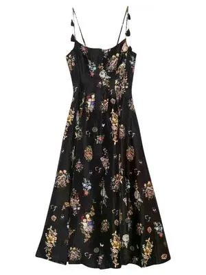 Camilla Floral Print Crystal Embellished Midi Dress - Black