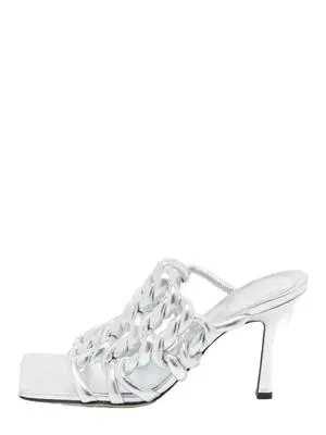 Bottega Veneta Tone Metallic Leather Intrecciato Woven Stiletto Heeled Sandals - Silver