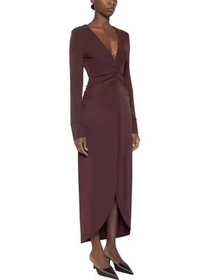 Imperial Bordeaux Twist Detail V-neck Long Sleeve Maxi Dress - Brown