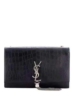 Saint Laurent Monogram Tassel Crocodile Embossed Leather Medium Crossbody Bag - Black