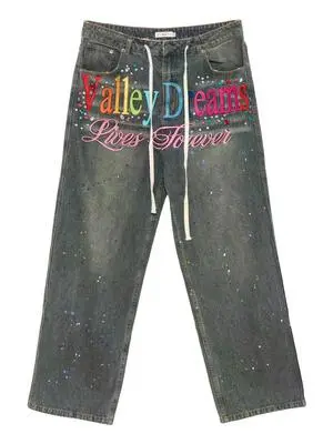 VALE FOREVER Crystal Embellished Embroidered Wide Leg Jeans - Blue