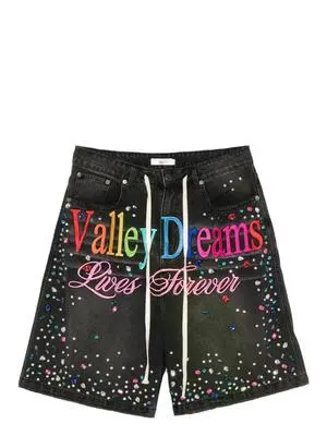 VALE FOREVER Crystal Embellished Embroidered Denim Shorts - Black