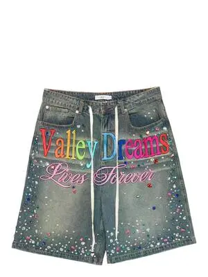 VALE FOREVER Crystal Embellished Embroidered Denim Shorts - Blue