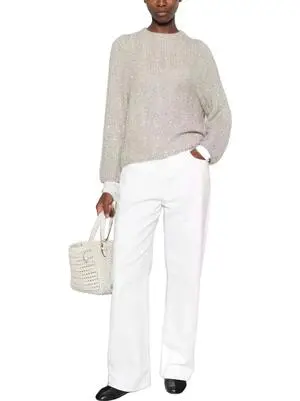 PANICALE Sequin Embellished Ribbed Knit Crew Neck Sweater - Neutrals
