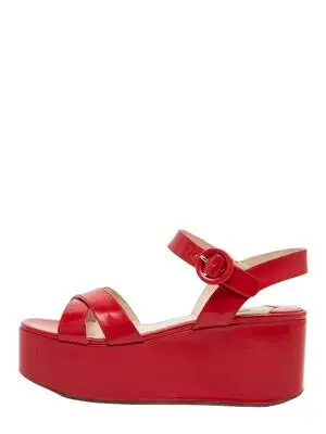 Prada Leather Platform Wedge Ankle Strap Sandals - Red