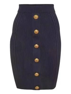 Balmain Ribbed-knit Button Detailed Pencil Mini Skirt - Blue