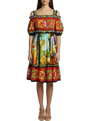 Dolce & Gabbana Carretto Siciliano Print Poplin Off-the-shoulder Midi Dress - Red