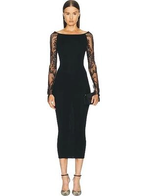 Valentino Garavani Wool Viscose Midi Dress With Lace Sleeves - Nero
