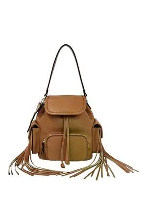 LE PANDORINE Fringe Detail Leather Backpack - Brown