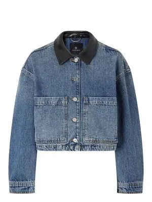 ANINE BING Yuma Cropped Denim Jacket With Leather Collar - Blue