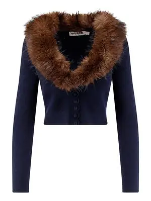SELF-PORTRAIT Faux Fur Trimmed V-neck Cardigan - Blue