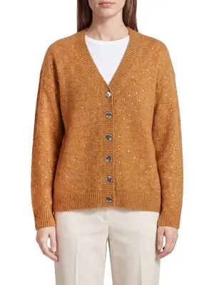 Pinko V-neck Wool Blend Cardigan With Rhinestone Embellishments - Ocher