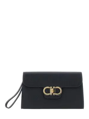 FERRAGAMO Gancini Pouch In Grained Calfskin With Wrist Strap - Black