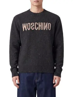 Moschino Wool And Silk Blend Crew Neck Jacquard Logo Sweater - Grey