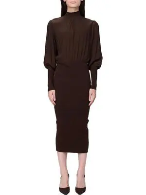 TWINSET Crêpe De Chine Midi Sheath Dress With Puff Sleeves - Brown