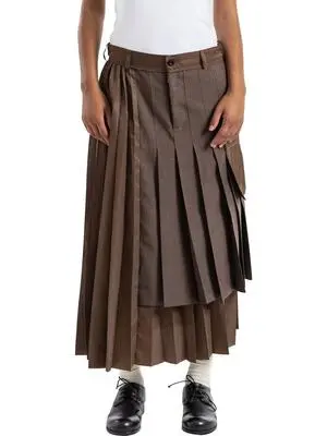 Sacai Asymmetrical Wool Blend Midi Skirt With Cargo Pockets And Pleats - Brown