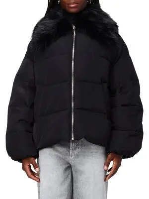 TWINSET Water-repellent Cropped Puffer Jacket With Removable Faux Fur Collar - Black