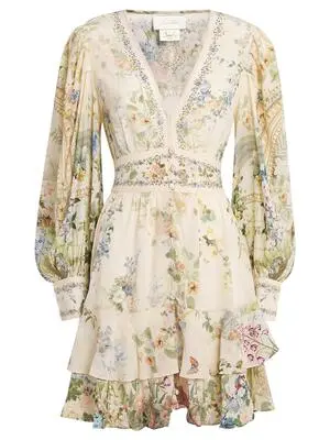 Camilla Silk Midsummer Masterpiece Ruffle Mini Dress - Neutral