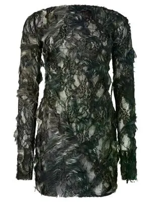 Roberto Cavalli Feather-embellished Lace-overlay Mini Dress - Black