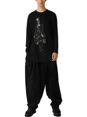 Yohji Yamamoto Graphic-print Button-slit Long-sleeved T-shirt - Black