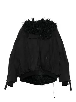 YEHUAFAN Shearling Trim Hooded Coat - Black