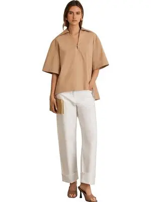 REISS Craft Stitch Collared Cotton Blend Top - Camel