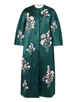 Erdem Floral Embroidered Textured Satin Coat - Forest Green