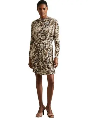 REISS Floral Print Jersey Dress - Khaki/cream