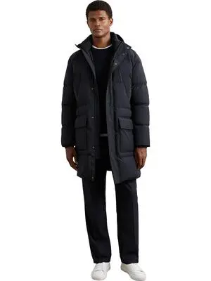 REISS Longline Quilted Hooded Puffer Jacket - Navy