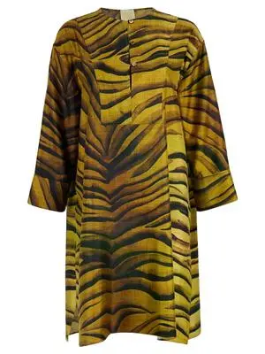 PAULA Buttoned Silk Twill Dress With Tiger Print - Yellow