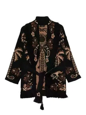Alanui Intarsia Knit Fringe Trim Cardigan - Black