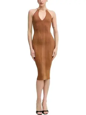 Elisabetta Franchi Ribbed Halterneck Midi Dress - Brown