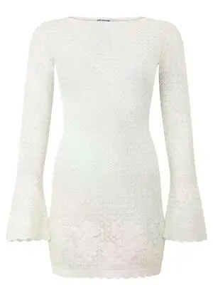 SELF-PORTRAIT Crochet Knit Mini Dress With Flared Sleeves - Neutrals