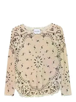 KUJTEN Bandana Print Distressed Edge Crew Neck Sweater - Neutrals