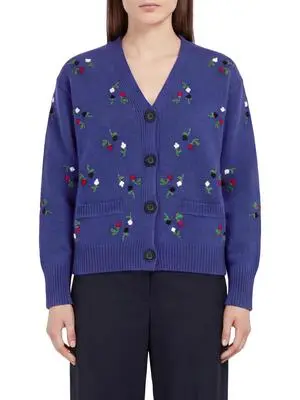 Marni Virgin Wool And Cashmere Cardigan With Floral Embroidery - Blue