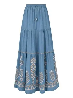 Adrift Clothing Elora Chambray Tiered Maxi Skirt With Embroidery - Blue