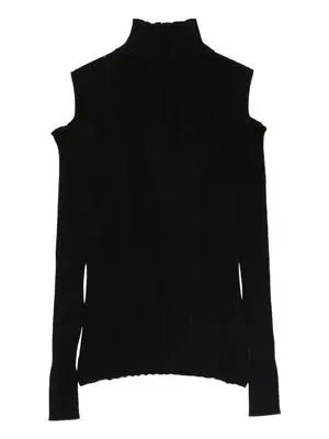 D.exterior Ribbed Cold-shoulder Knit Sweater - Black